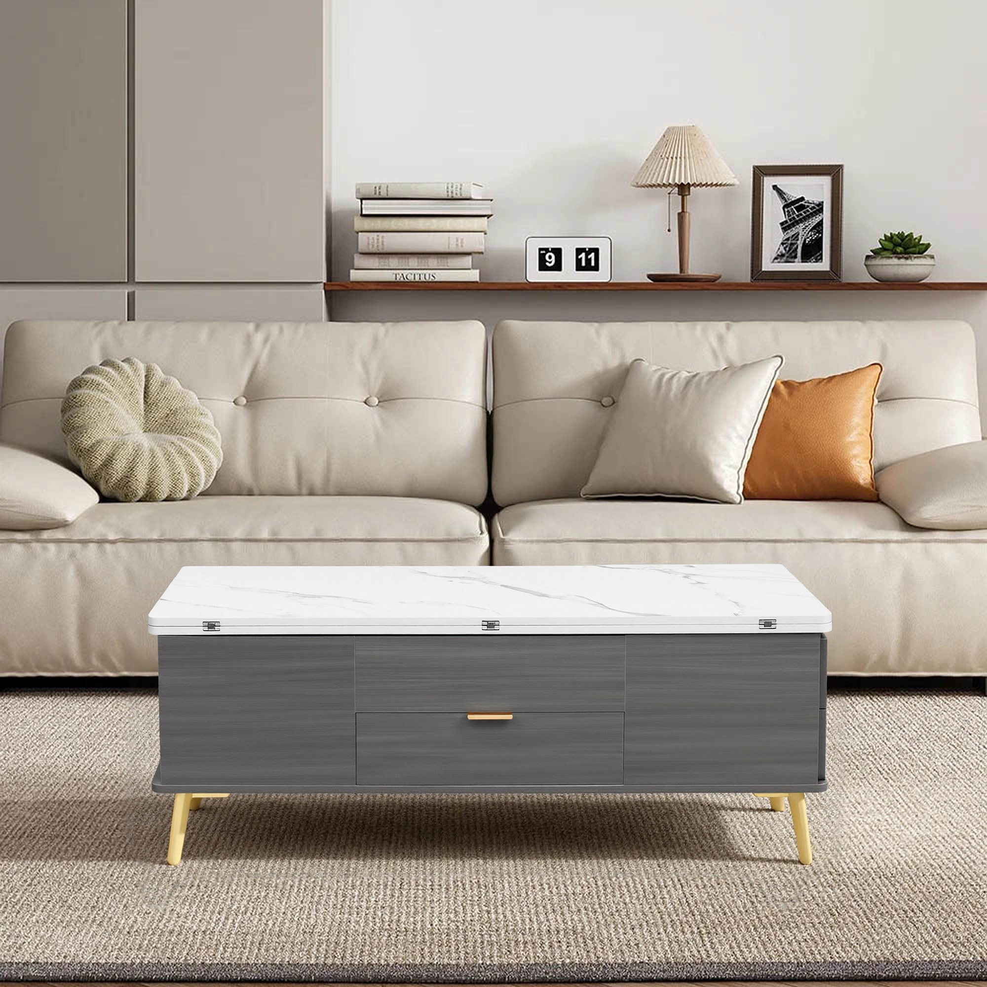 Everly Quinn Hydraulic Lift Coffee Table - Marble White & Grey (47.2") - Wayfair Canada